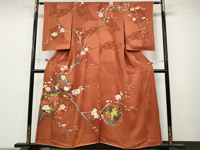 平和屋着物●アンティーク　大正ロマン　訪問着　手描き　刺繍　枝花文　正絹　逸品　CABB6008ut