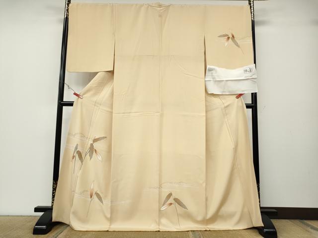 平和屋着物●訪問着　手描き　駒刺繍　枝葉文　金彩　伊と幸　反端付き　ロング丈　正絹　逸品　CABB6065ut