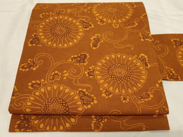 平和屋着物●九寸名古屋帯　型染め　花唐草文　正絹　逸品　CABB7209dy