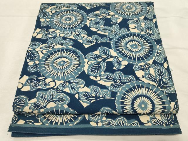 平和屋着物●八寸名古屋帯　紬地　藍　型染め　草花文　綿　逸品　CABB7210dy