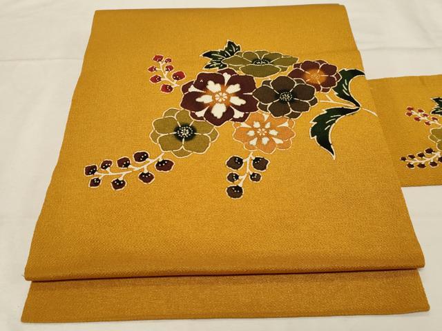 平和屋着物●九寸名古屋帯　型染め　草花文　金彩　鬼しぼ縮緬　正絹　逸品　CABB7215dy