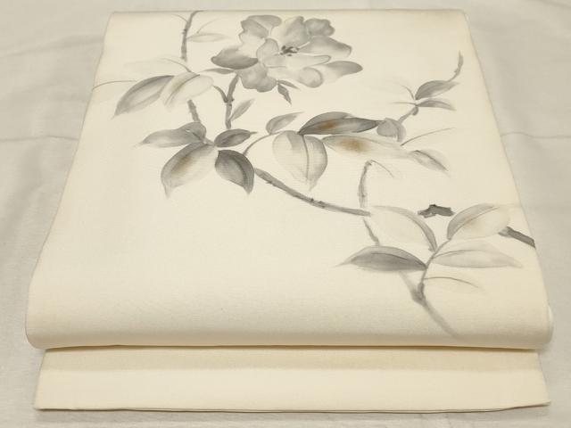 平和屋着物●塩瀬　九寸開き名古屋帯　手描き　草花文　金彩　正絹　逸品　CABB7222dy