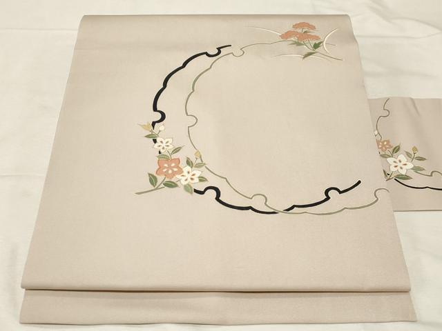 平和屋着物●塩瀬　九寸名古屋帯　雪輪草花文　金彩　正絹　逸品　未使用　CABB7235dy