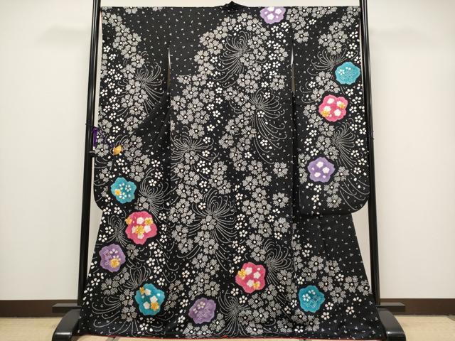 平和屋本店■極上　振袖　駒刺繍　絞り　乱菊　舞桜　黒地　逸品　CYAA0841s5