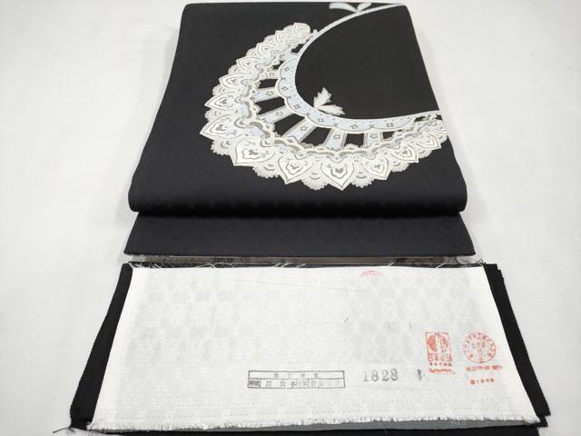 平和屋本店■極上　本加賀友禅作家　宮野勇造　両面　太鼓柄袋帯　花唐草文　黒地　反端付き　逸品　未使用　CYAA0943s5