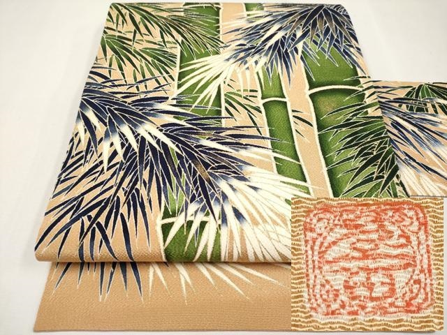 平和屋本店■超希少　東京友禅　久呂田明功　九寸名古屋帯　笹竹文　金彩　鬼しぼ縮緬　伽羅色地　逸品　CYAA1196s5