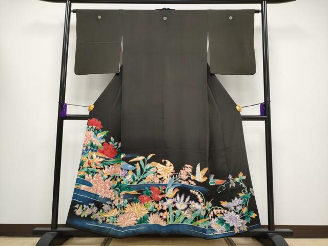 平和屋本店■極上　超希少　アンティーク　大正ロマン　染彩芸術の巨匠　皆川月華　黒留袖　手描き　花鳥文　金彩　逸品　CYAA1278s5