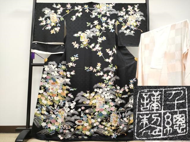 平和屋本店■極上　創業460年・千總　訪問着・長襦袢セット　駒刺繍　立波貝桶草花文　黒地　金彩　逸品　未使用　CYAA1312s5