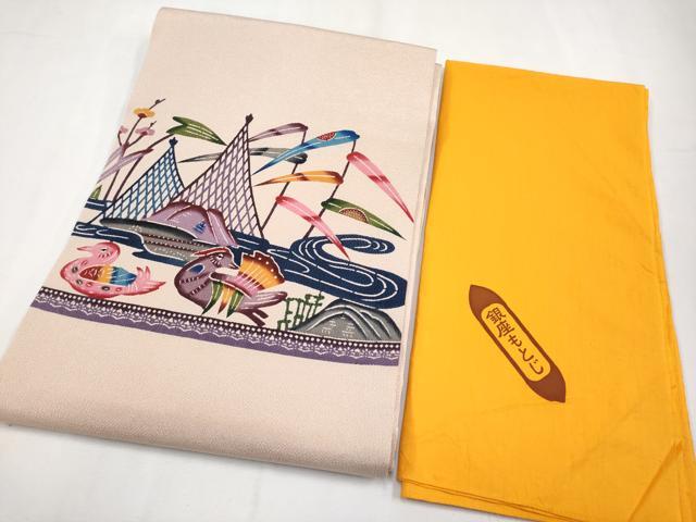 平和屋本店■極上　本場琉球紅型　銀座もとじ　九寸名古屋帯　流水草木花鳥文　鬼しぼ縮緬　雄黄色地　風呂敷付き　逸品　CYAA1440s5