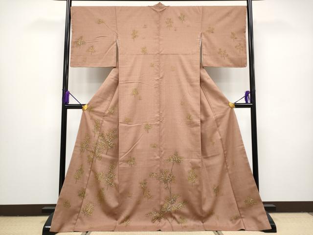 平和屋本店■極上　創業460年・千總　松坂屋染織名作展　訪問着　本場結城紬地　枝葉文　煎茶色地　逸品　未使用　CYAA1501s5