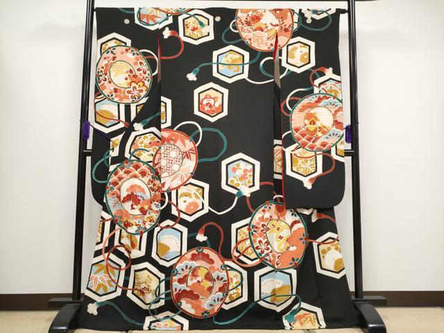 平和屋本店■極上　アンティーク　大正ロマン　振袖　駒刺繍　亀甲鏡裏文　黒地　金彩　逸品　CYAA1583s5