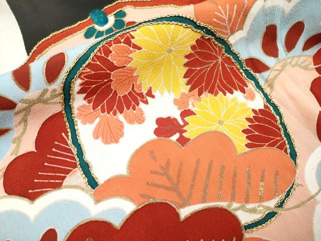 平和屋本店□極上 アンティーク 大正ロマン 振袖 駒刺繍 亀甲鏡裏文 黒地