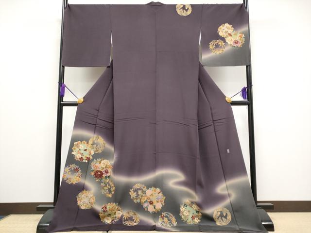 平和屋本店■極上　十日町　加賀草木友禅の第一人者　田村哲彦　訪問着　花丸文　暈し染め　滅紫色地　逸品　CYAA1597s5