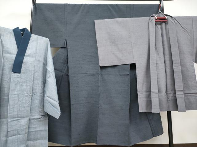 平和屋本店■極上　男性　紬・長襦袢・羽織セット　単衣　キングサイズ　着物：羊羹色　羽織：薄色　襦袢：薄縹色　逸品　CYAA1650s5