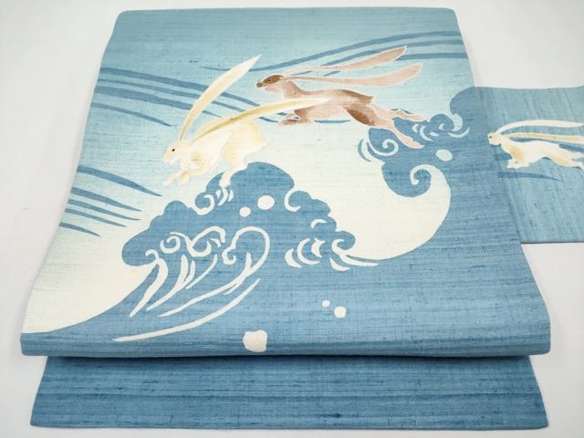 平和屋本店■極上　九寸名古屋帯　手描き　紬地　波兎　逸品　CYAA1699s5