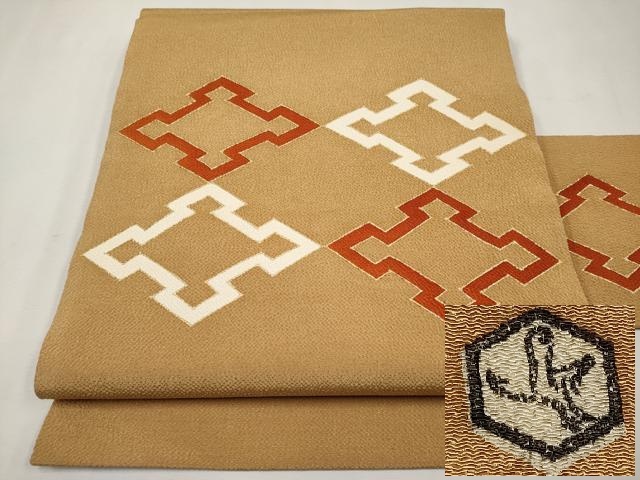 平和屋本店■極上　銀座　志ま亀　九寸名古屋帯　菱吉祥文　金彩　鬼しぼ縮緬　黄橡色地　逸品　CYAA1703s5