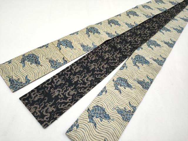 平和屋本店■極上　男性　両面　角帯　本藍　紬地　荒磯　龍　逸品　未使用　CYAA1714s5