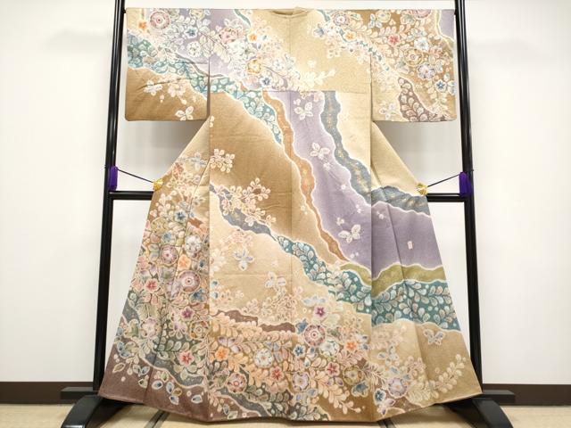 平和屋本店■極上　越後十日町の一流染匠　桐屋・翠山工房　訪問着　辻が花　絞り　暈し染め　金通し地　逸品　CYAA1766s5