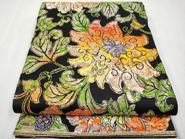 平和屋本店■最高級　龍村平蔵製　丸帯　大牡丹印金錦　黒地　金銀糸　逸品　CYAA1783s5