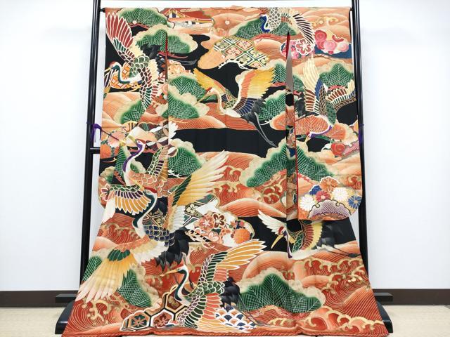 平和屋本店■極上　アンティーク　大正ロマン　中国三大刺繍　相良刺繍　振袖　駒刺繍　飛鶴浜松吉祥文　金彩　逸品　CYAA1858s5