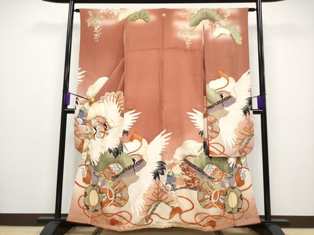 平和屋本店■極上　アンティーク　大正ロマン　中国三大刺繍　相良刺繍　振袖　駒刺繍　飛鶴鼓枝花文　暈し染　金彩 鳶色 逸品　CYAA1859s5