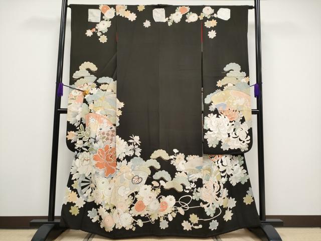 平和屋本店■極上　アンティーク　大正ロマン　振袖　駒刺繍　地紙花車文　黒地　金彩　逸品　CYAA1862s5