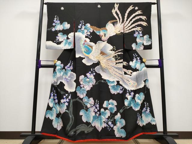 平和屋本店■極上　アンティーク　大正ロマン　中国三大刺繍　相良刺繍　訪問着　駒刺繍　鳳凰雲取り枝花文　黒地　逸品　CYAA1897s5