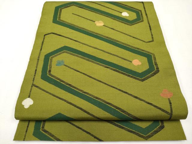 平和屋本店■極上　西陣　勝山織物謹製　六通柄　本袋帯　紬地　幾何学文様　鶯色地　逸品　未使用　CYAA1915s5