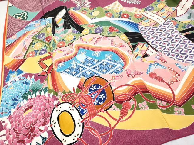 平和屋本店□極上 振袖 有馬 十二単風 楽器人物花蝶文 暈し