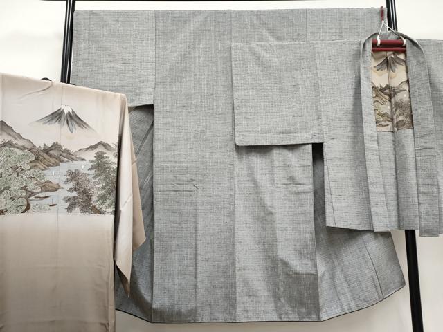 平和屋本店■極上　男性　紬　アンサンブル・長襦袢セット　色無地　銀鼠色地　逸品　CYAA2049s5