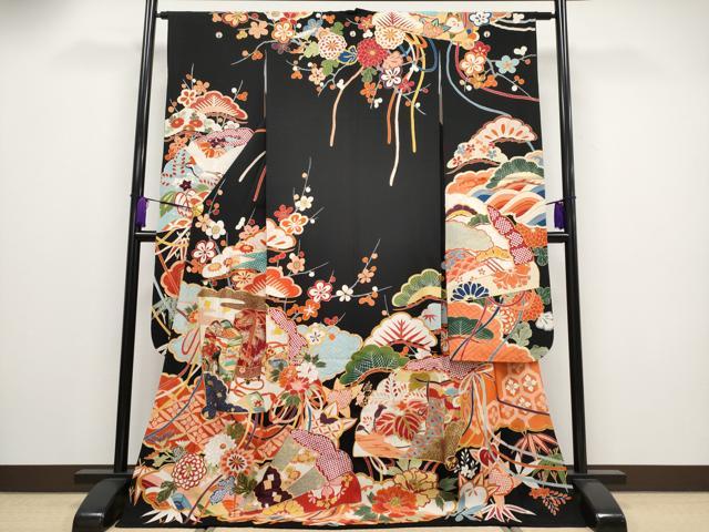 平和屋本店□極上 アンティーク 大正ロマン 振袖 駒刺繍 立波舞花文 金銀彩