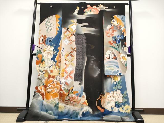 平和屋本店■極上　アンティーク　大正ロマン　振袖　駒刺繍　手描き　宝船　暈し染め　金銀彩　逸品　CYAA2135s5