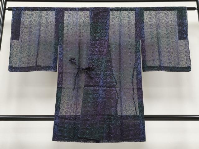 平和屋本店■極上　道中着　オーガンジー　スリーシーズン　春夏秋　塵除け　ロング丈　花唐草文　黒地　逸品　未使用　CYAA2139s5