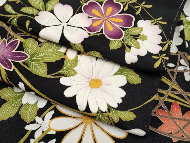 平和屋本店■極上　小紋　花籠文　黒地　金彩　鬼しぼ縮緬　逸品　未使用　CYAA2152s5