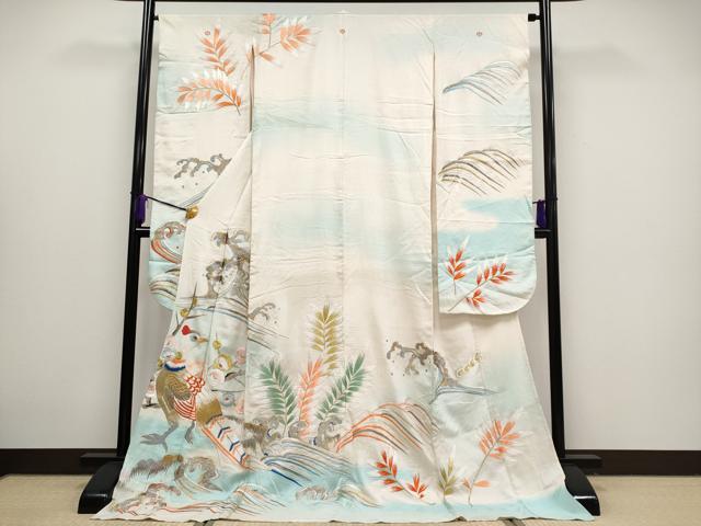 平和屋本店■極上　夏物　アンティーク　大正ロマン　振袖　絽　総刺繍　尾長鳥　暈し染め　金銀糸　白地　逸品　CYAA2170s5