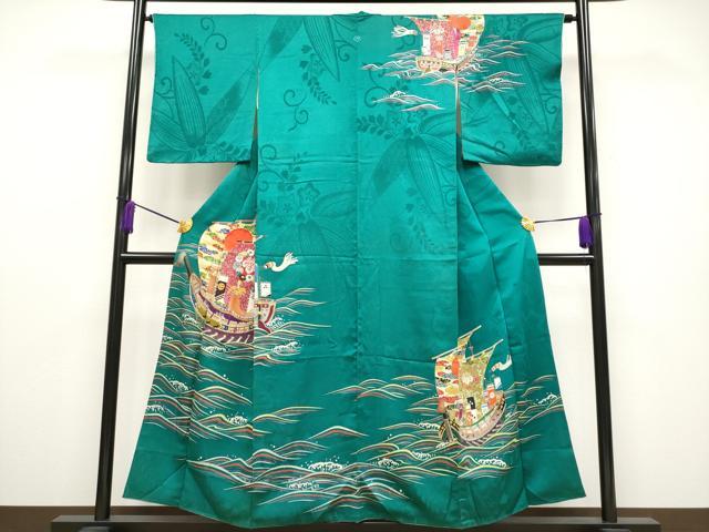 平和屋本店■極上　アンティーク　大正ロマン　訪問着　駒刺繍　南蛮船　金糸　萌葱色地　逸品　CYAA2189s5