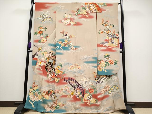 平和屋本店■極上　アンティーク　大正ロマン　振袖　駒刺繍　御所車立波枝花文　暈し染め　金彩　柴染色地　逸品　CYAA2206s5