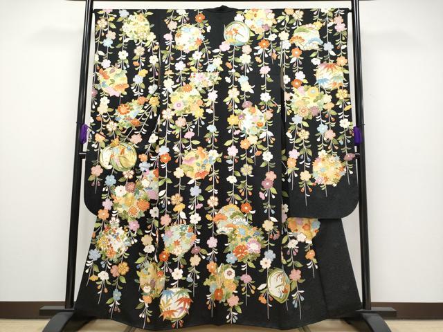 平和屋本店■極上　振袖　駒刺繍　花丸文　黒地　金彩　逸品　CYAA2211s5