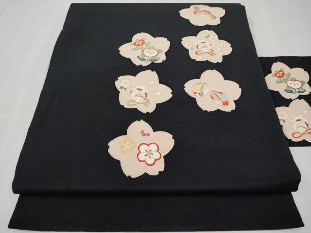 平和屋本店■極上　九寸名古屋帯　友禅　兎　桜花文　黒地　金彩　逸品　未使用　CYAA2238s5