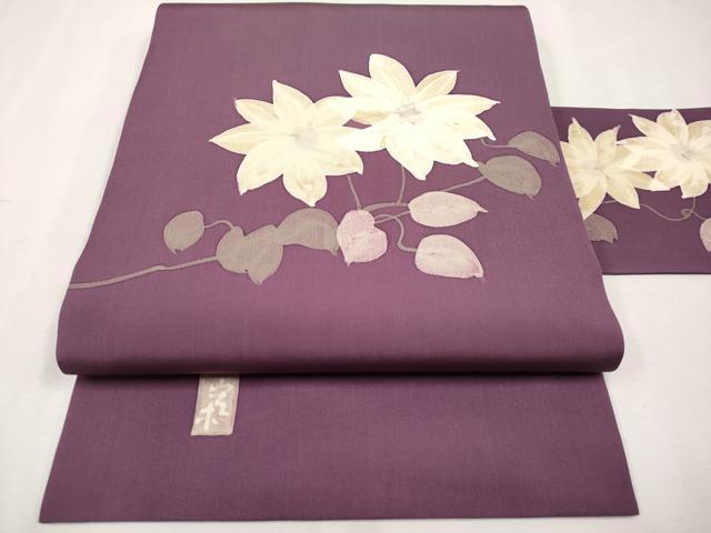 平和屋本店■極上　日展染色作家　高久空木　ろうけつ染　塩瀬　九寸名古屋帯　枝花文　紫鳶色地　逸品　CYAA2241s5