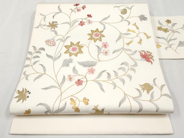平和屋本店■極上　塩瀬　九寸名古屋帯　駒刺繍　花唐草文　金銀彩　白地　逸品　CYAA2243s5