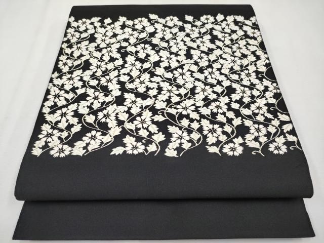 平和屋本店■極上　西陣　河村織物　河村つづれ　手織　八寸名古屋帯　花唐草文　黒地　銀糸　逸品　CYAA2244s5