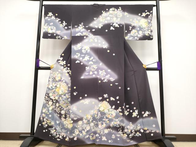 平和屋本店■極上　訪問着　駒刺繍　蜀江花丸文　暈し染め　金彩　黒紅色地　逸品　CYAA2274s5