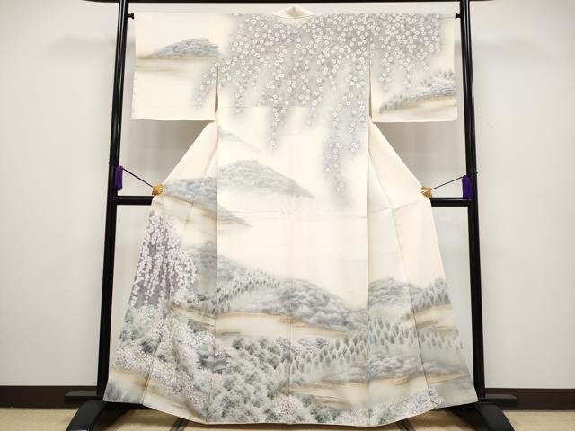 平和屋本店■極上　伝統工芸士　森勇雄　訪問着　吉野の桜　手描き　暈し染め　金彩　まるやま扱い　鳥の子色地　逸品　未使用　CYAA2275s5