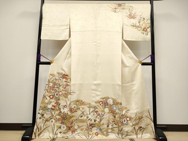 平和屋本店■極上　訪問着　駒刺繍　霞草花文　金彩　鳥の子色地　逸品　CYAA2278s5