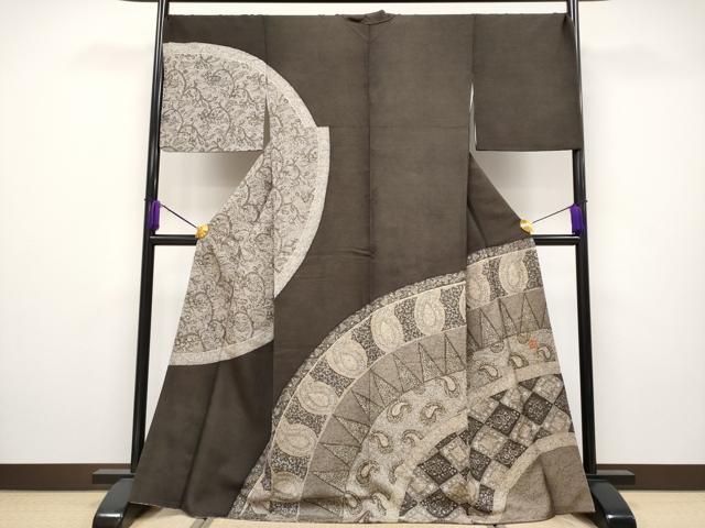 平和屋本店■極上　伝統工芸士　京友禅染色作家　田家鬼彩　訪問着　ろうけつ染め　花唐草文　赤墨色地　逸品　CYAA2351s5