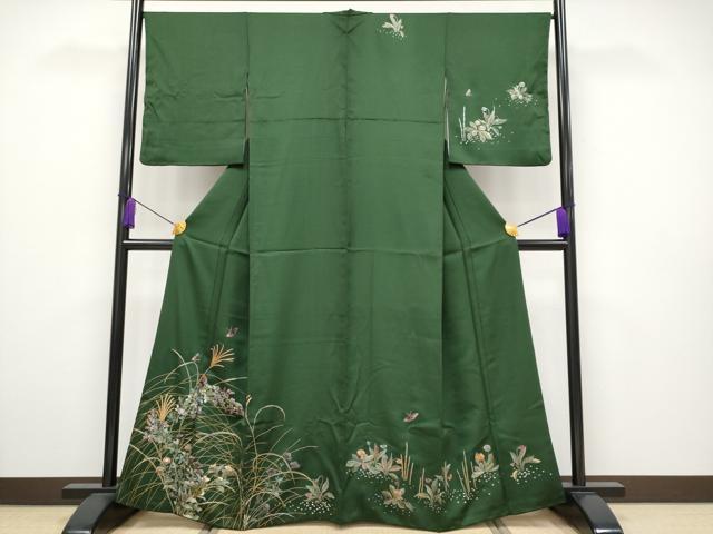 平和屋本店■極上　訪問着　総刺繍　花蝶文　金糸　千歳緑色地　逸品　CYAA2406s5