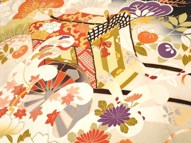 平和屋着物□極上 アンティーク 大正ロマン 振袖 駒刺繍 御所車扇面花文 暈