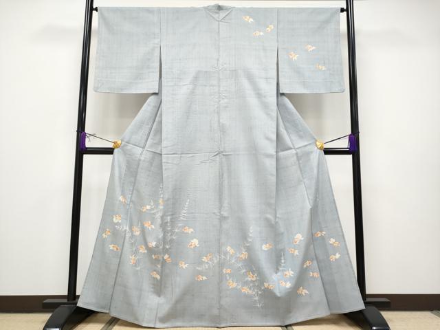 平和屋本店■極上　ろうけつ染め作家　丸山扇丘　訪問着　単衣　紬地　金魚　灰青色地　逸品　CYAA2484s5