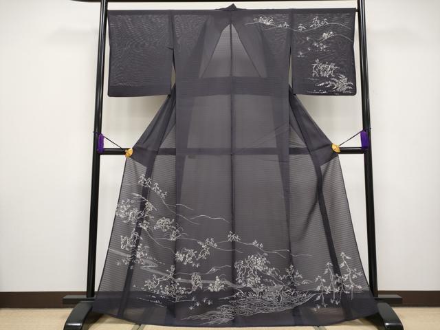 平和屋本店■極上　夏物　訪問着　変わり絽　駒刺繍　鳥獣戯画　銀彩　黒紅色地　逸品　CYAA2518s5